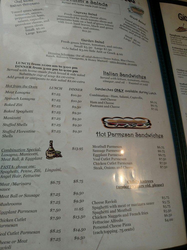 Menu at Giovanni's pizzeria, The Villages