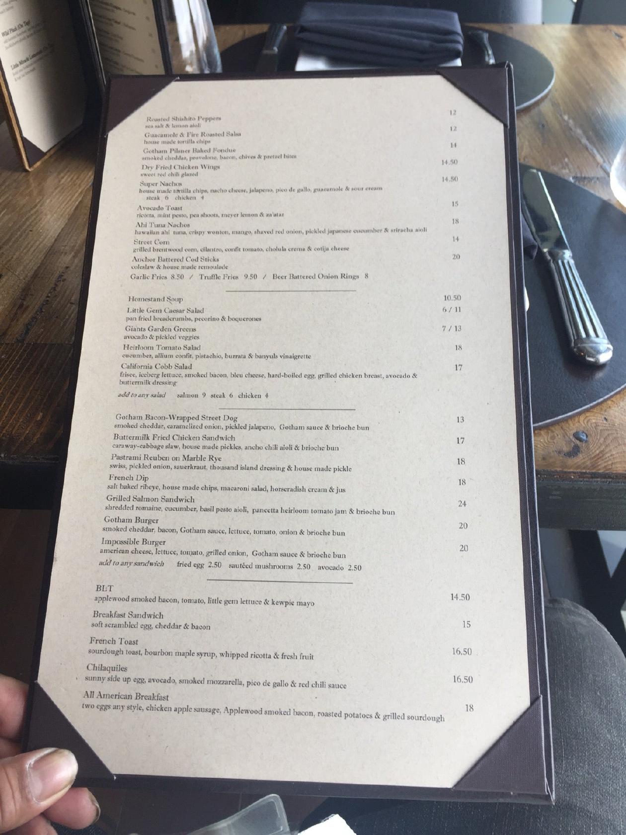 Menu at Gotham Club, San Francisco