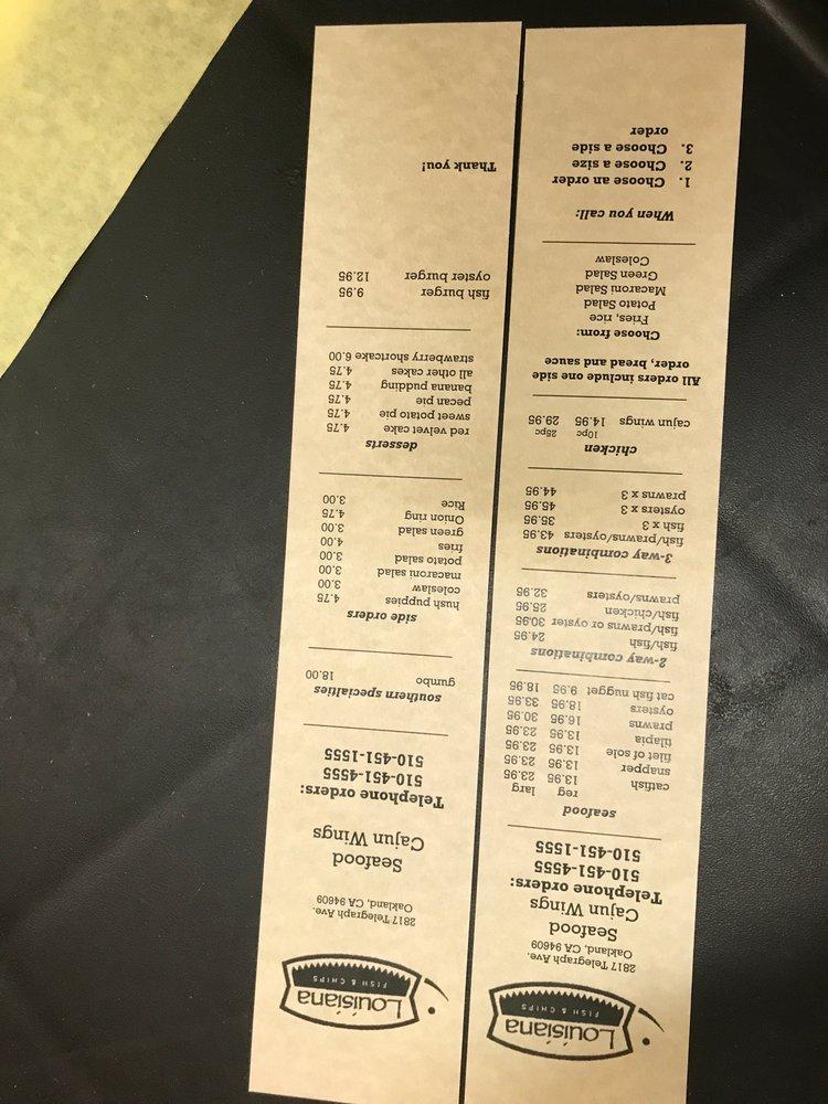 Menu at Louisiana Fish & Chips restaurant, Oakland