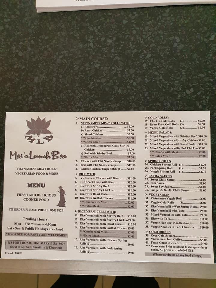 Menu at Mai's Lunch Bar, Hindmarsh