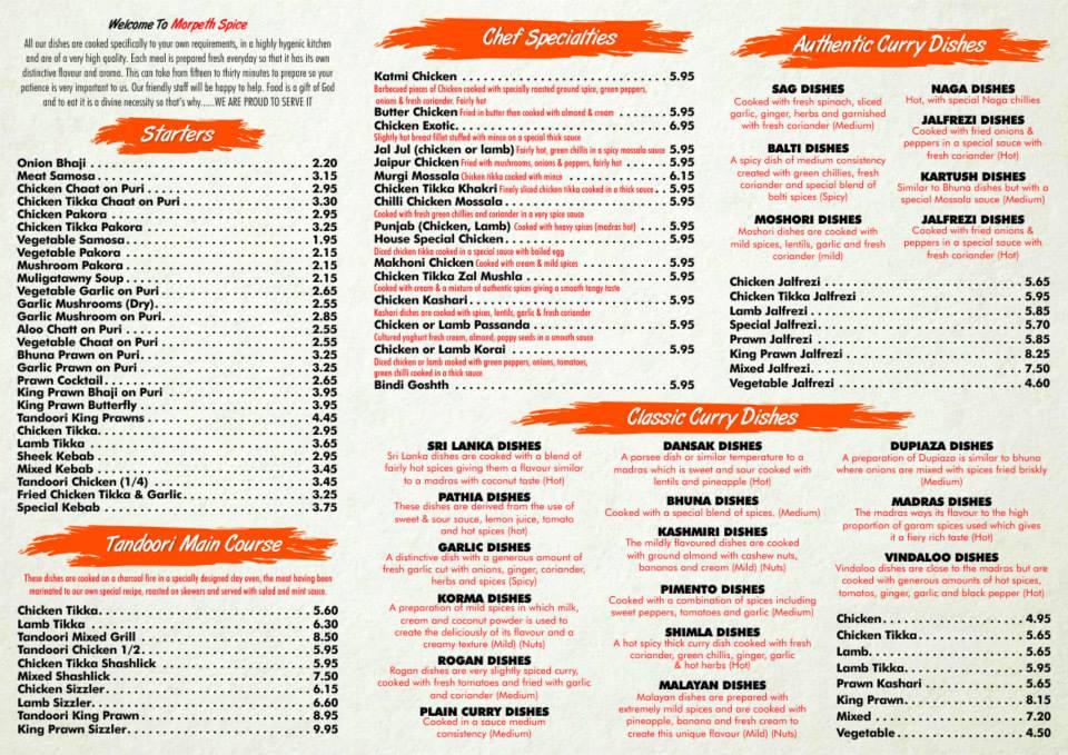 Carta del restaurante Morpeth Spice, Morpeth