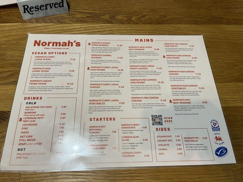 Menu at Normah's cafe, London