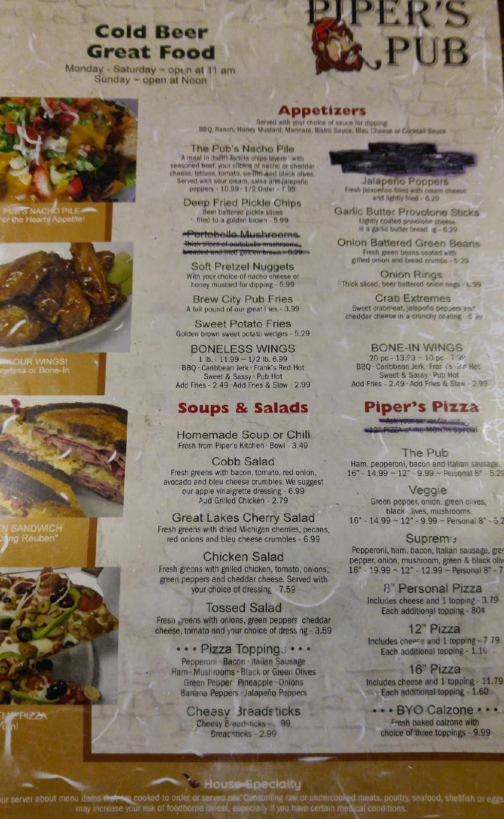 Menu at Piper's Pub, Gladwin