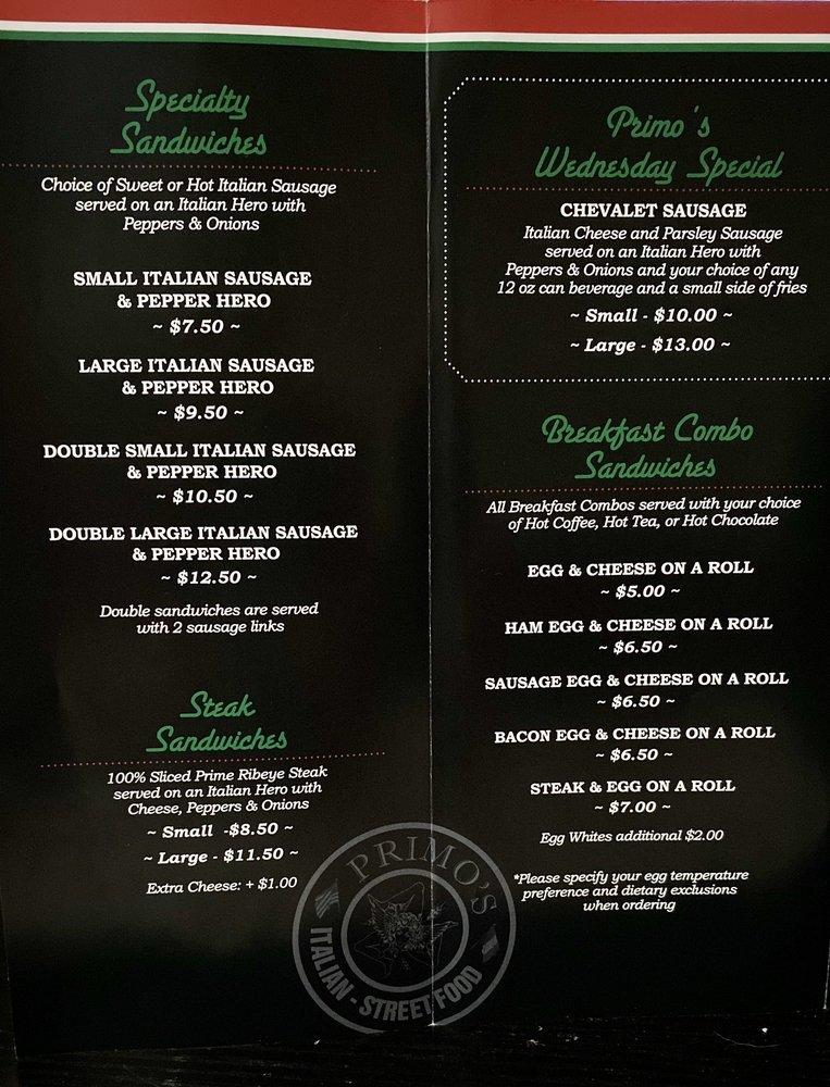 Menu at Primo's Italian Street Food restaurant, Franklin Square