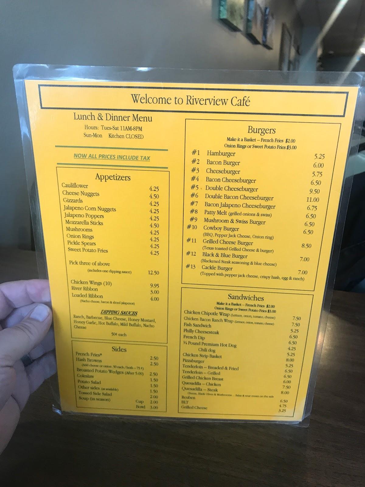 Menu at Riverview Cafe, Shell Rock