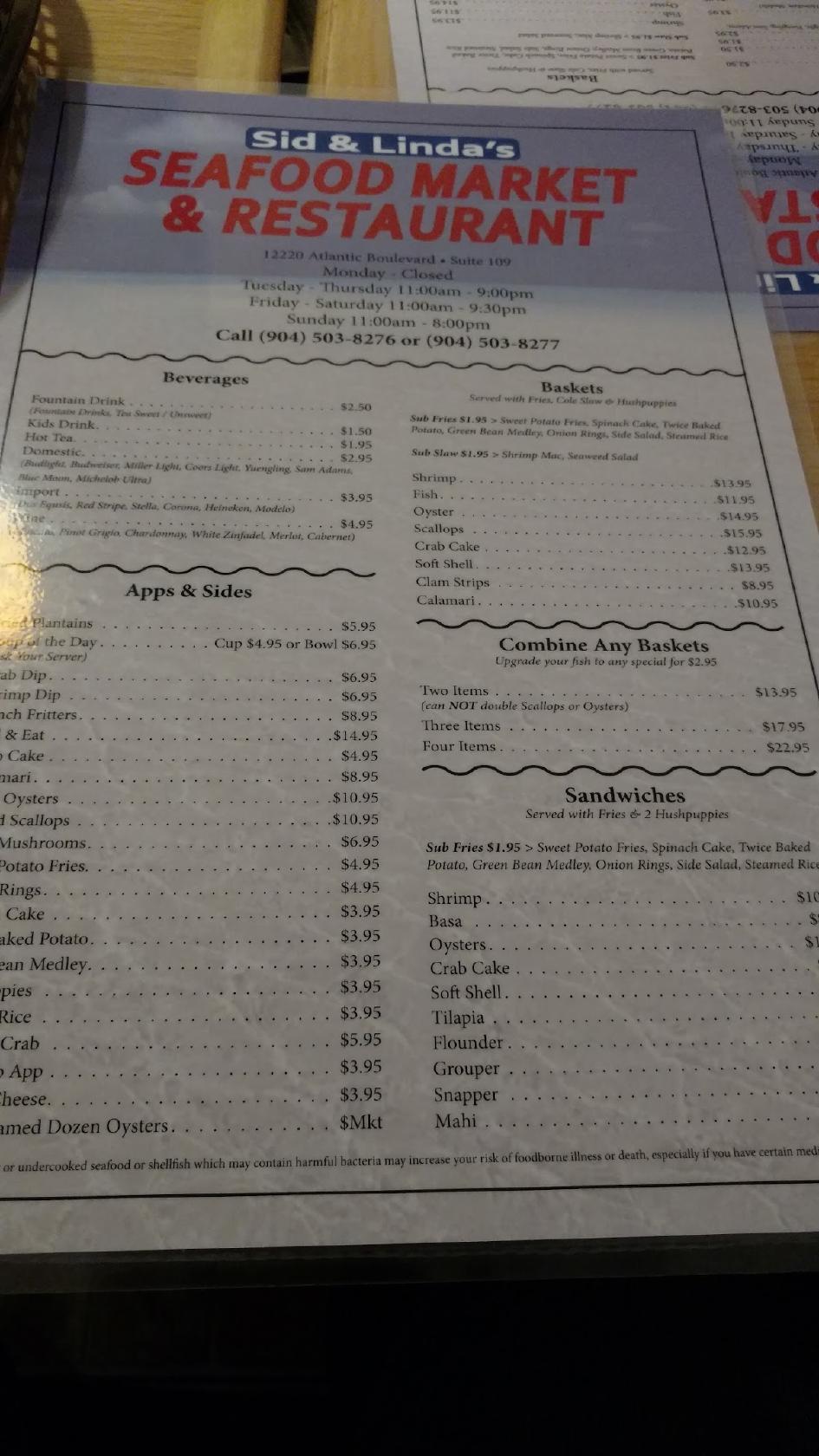 Menu at Sid & Linda's Seafood Market restaurant, Jacksonville
