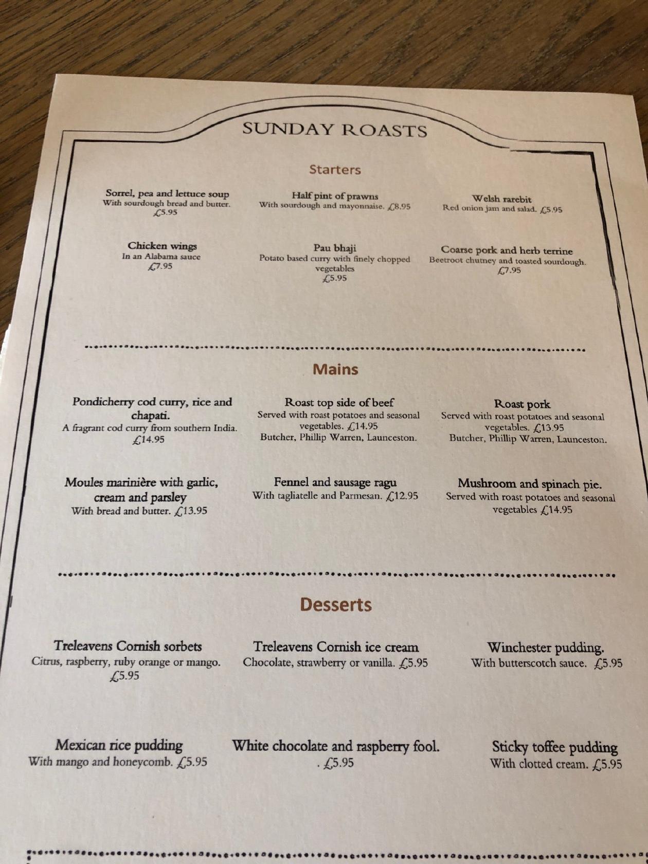 Menu at The Cornish Arms restaurant, Padstow