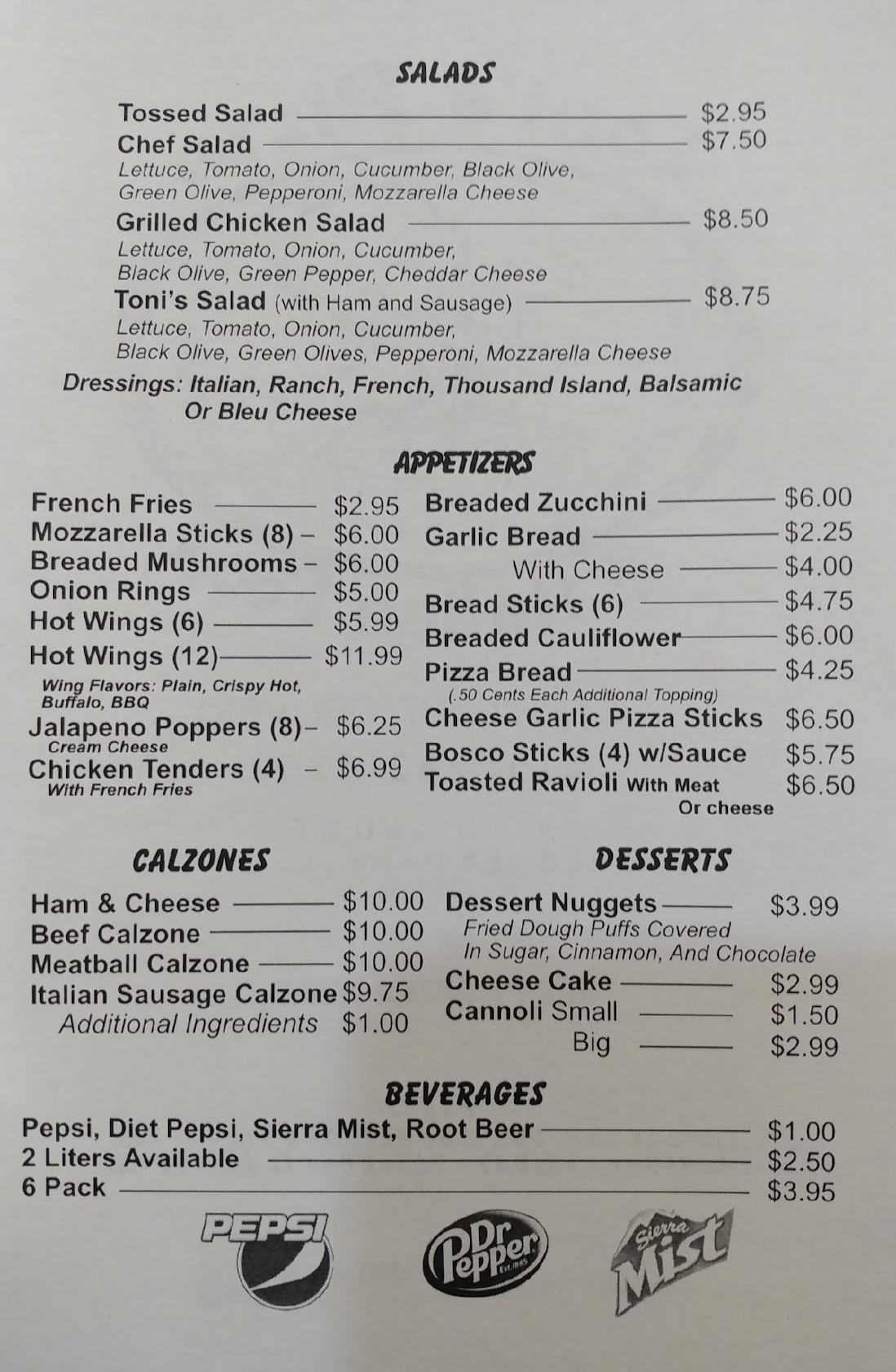 Menu at Toni's Pizza & Italian food pizzeria, Machesney Park