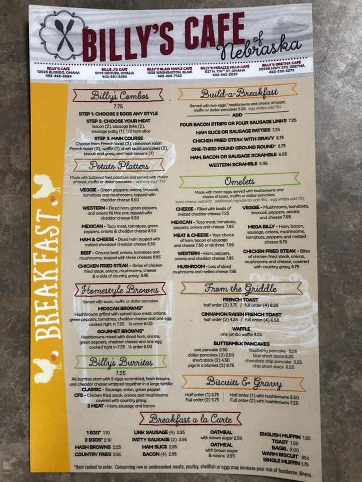 Menu at Billy's Cafe in Blair, Blair
