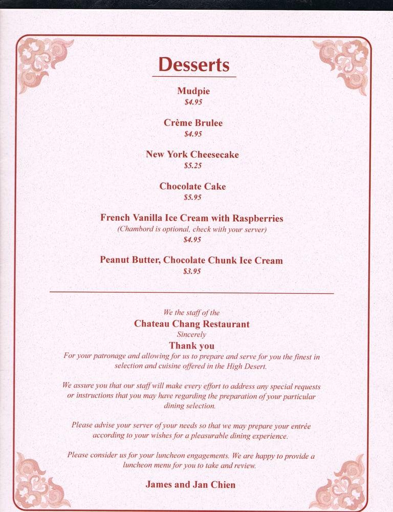 Menu at Chateau Chang steakhouse, Victorville