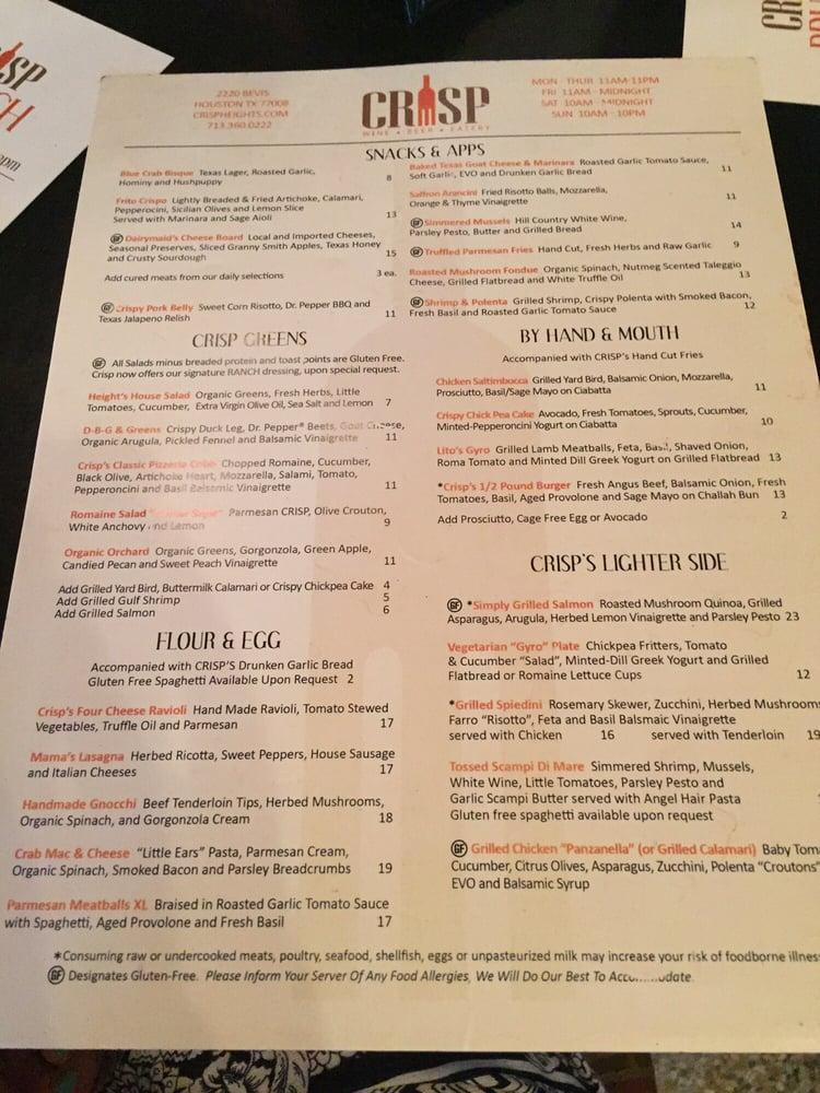 Menu at Crisp pub & bar, Houston, Bevis St