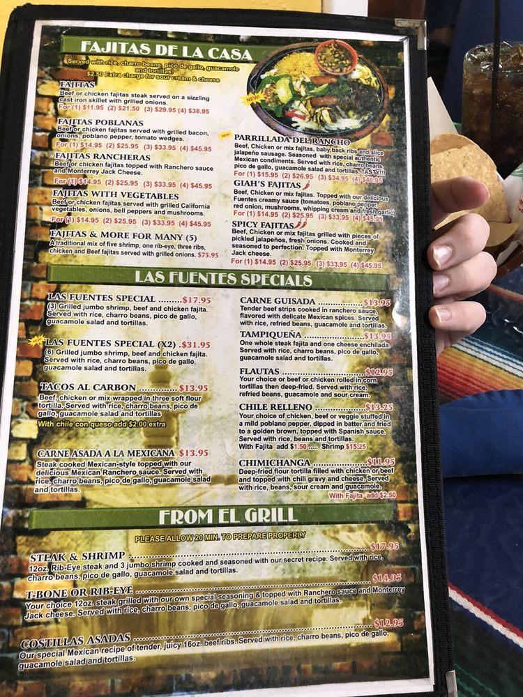 Menu at Las Fuentes restaurant, La Grange