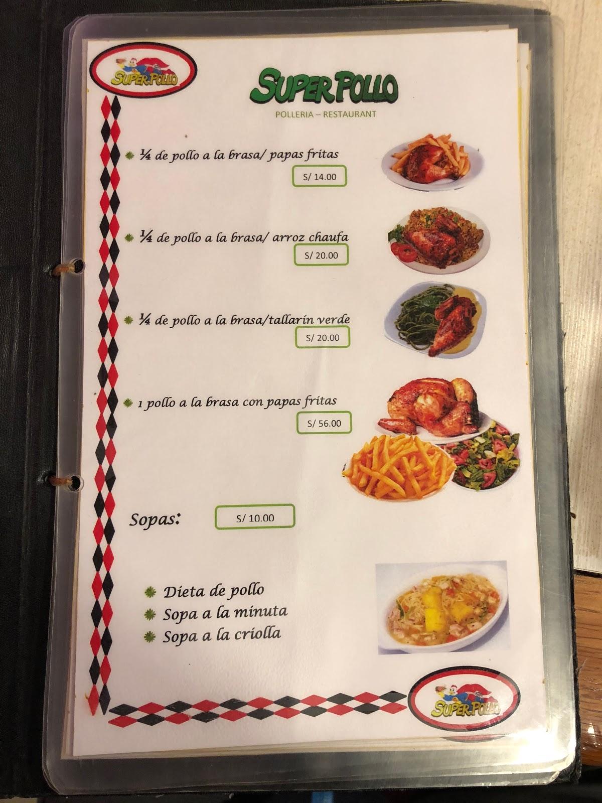 Menu at Super Pollo restaurant, Cusco, Quera 297