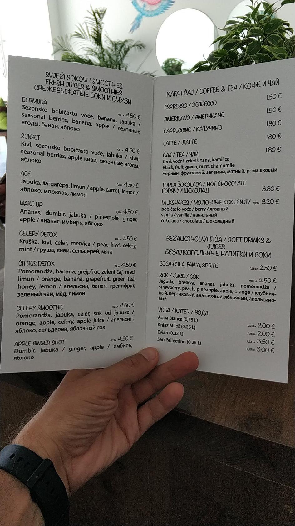 Menu at Bermuda Cafe, Budva