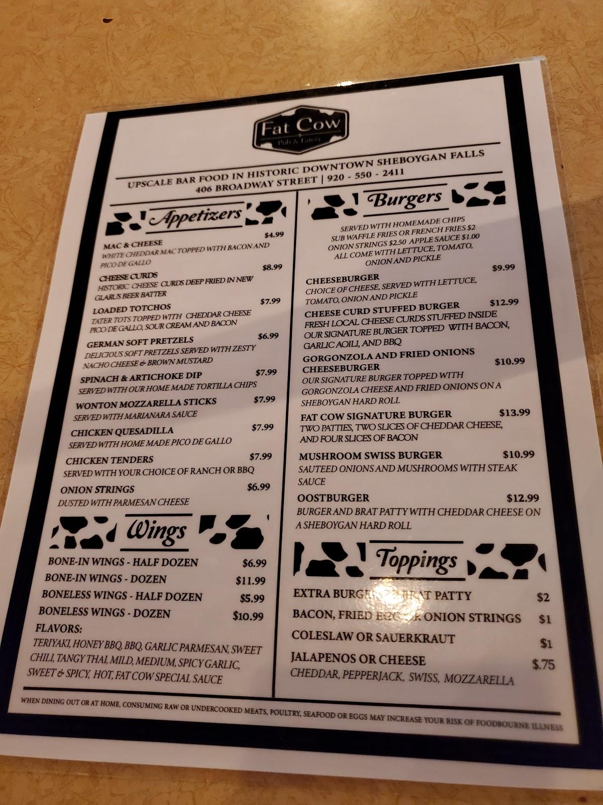 Menu at Fat Cow pub & bar, Sheboygan Falls