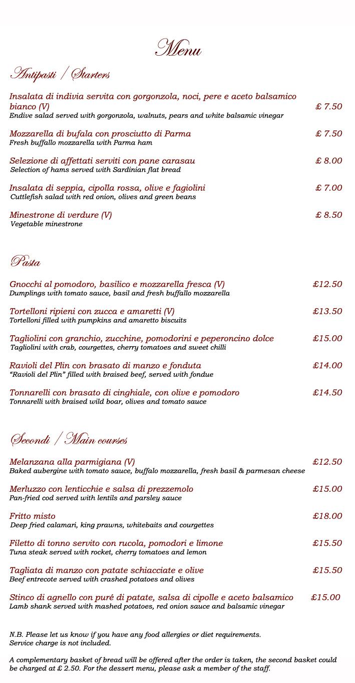 Menu at Fine Foods - Locanda del Melo restaurant, London