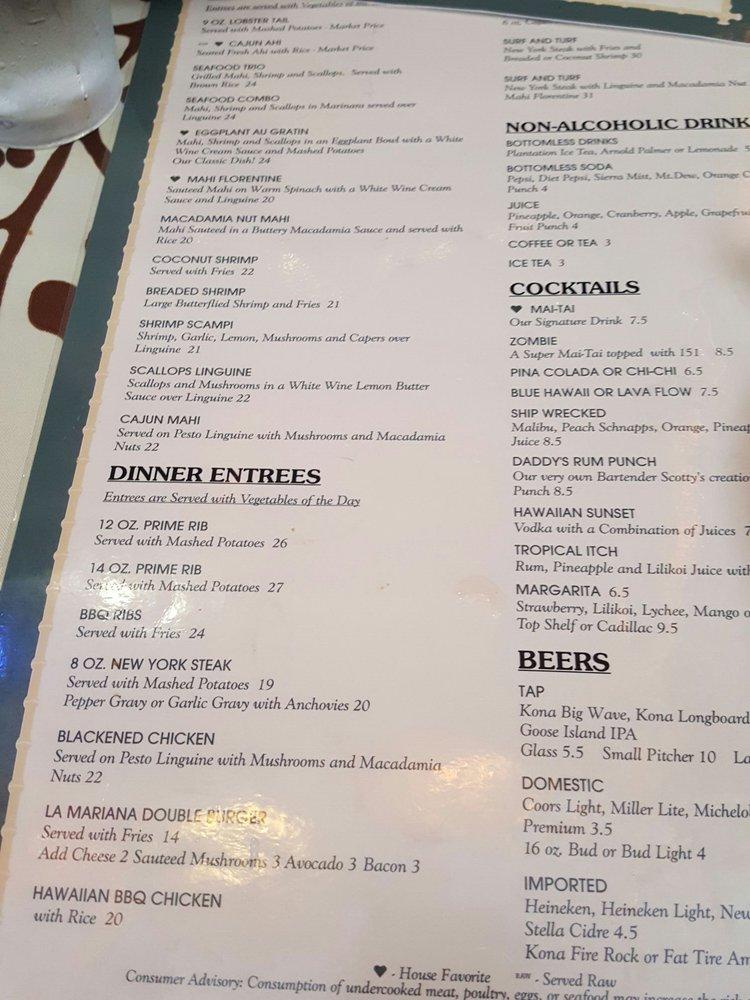 Menu at La Mariana Sailing Club, Honolulu, 50 Sand Island Access Rd