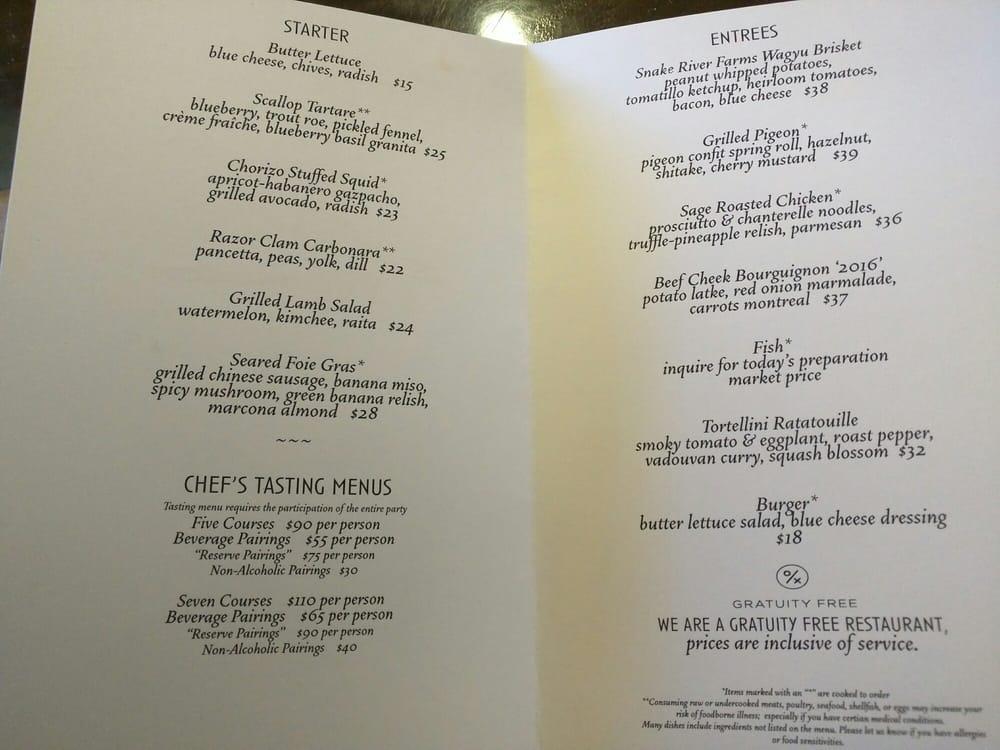 Menu at Le Pigeon restaurant, Portland