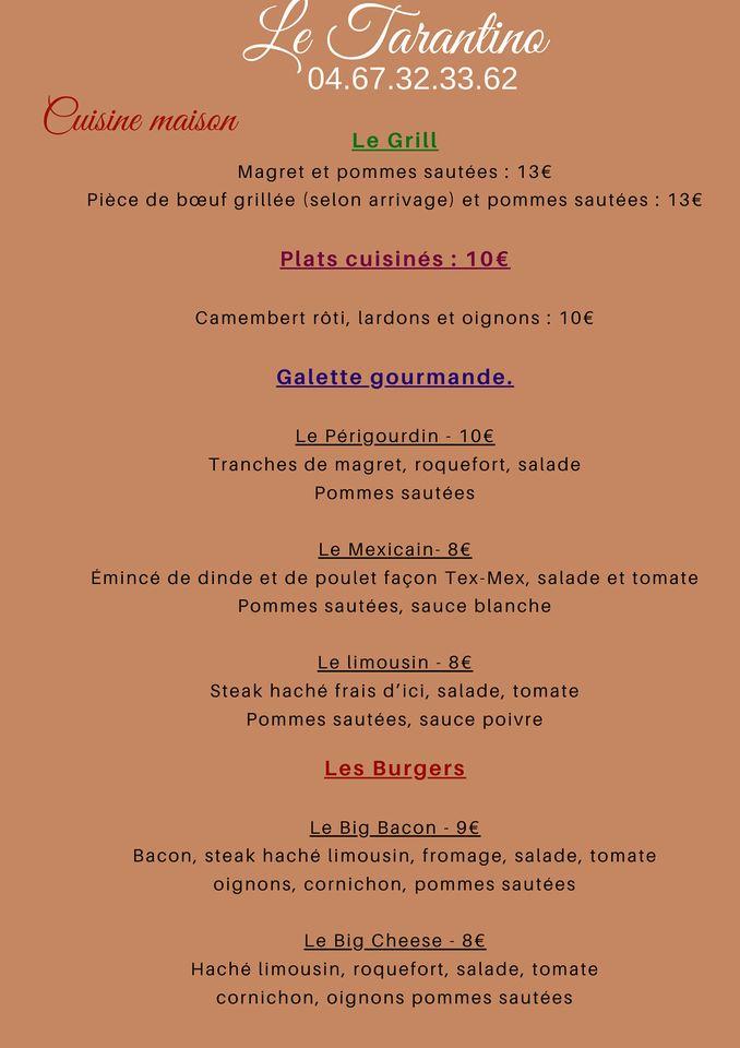 Menu au Le Tarantino restaurant, Puisserguier