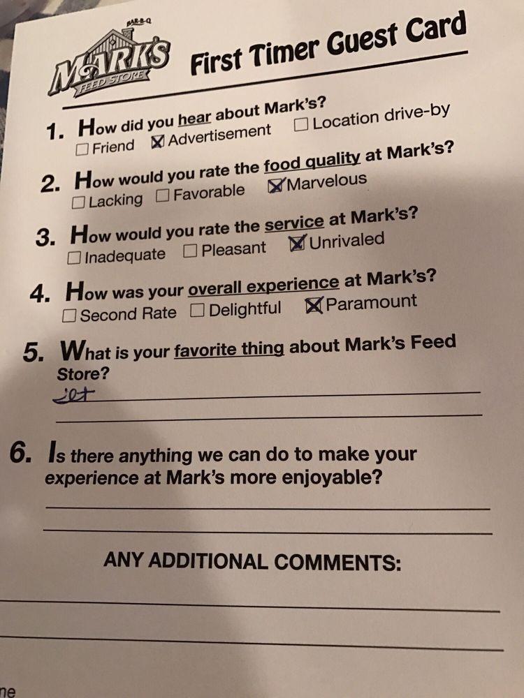Menu at Mark's Feed Store BBQ, Louisville, 10316 Dixie Hwy