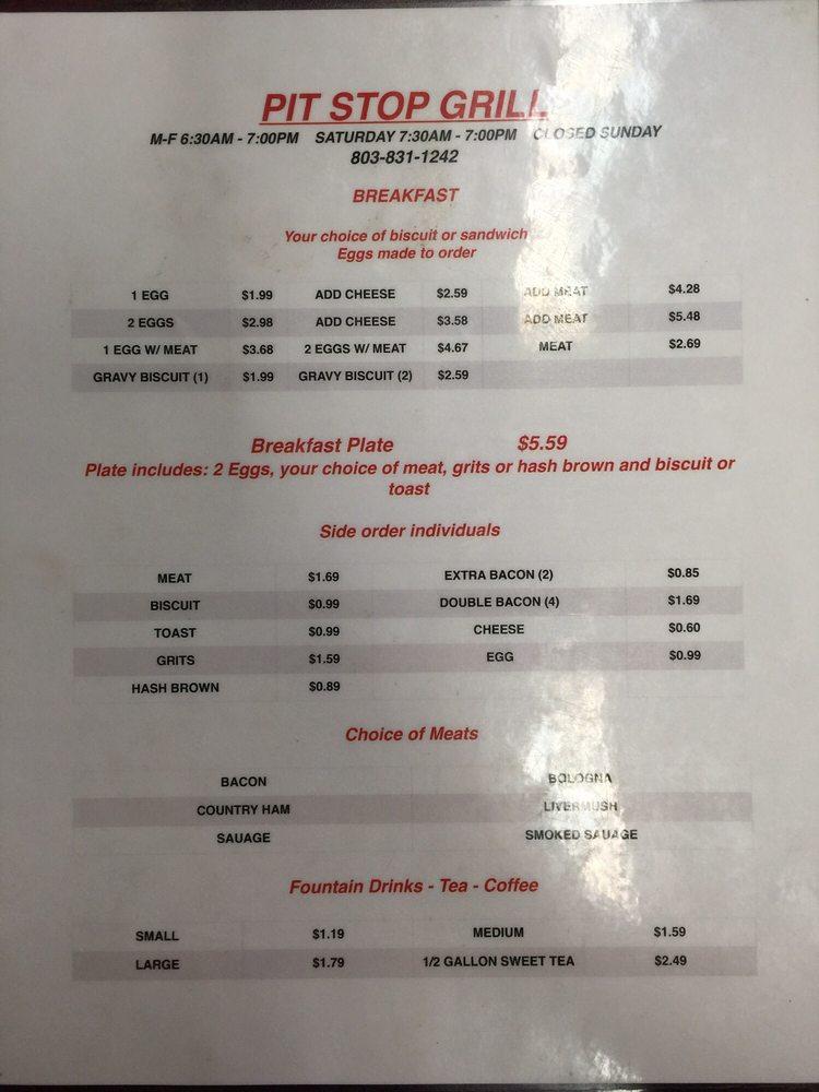 Menu at Pit Stop Grill restaurant, Lake Wylie