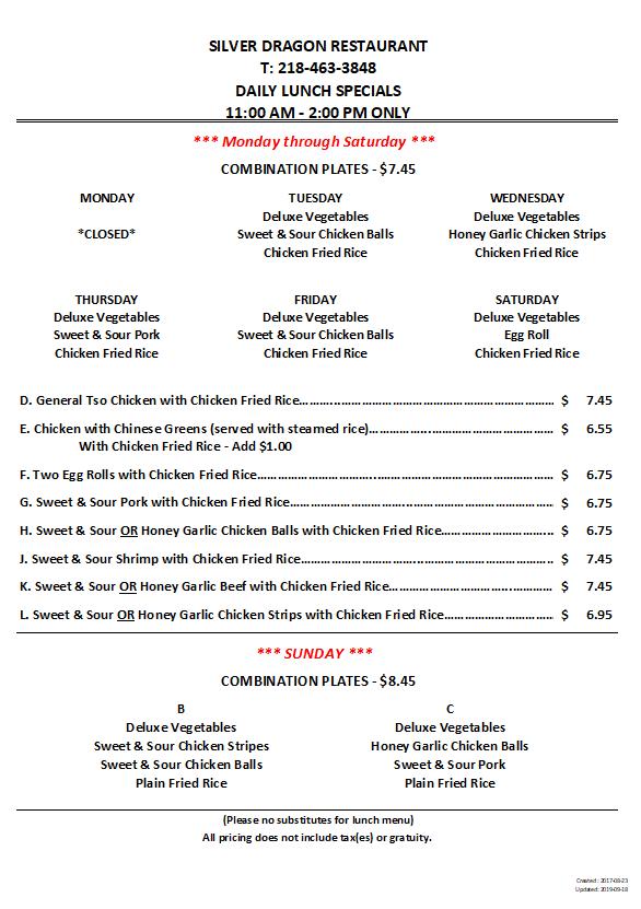 Menu at Silver Dragon restaurant, Roseau