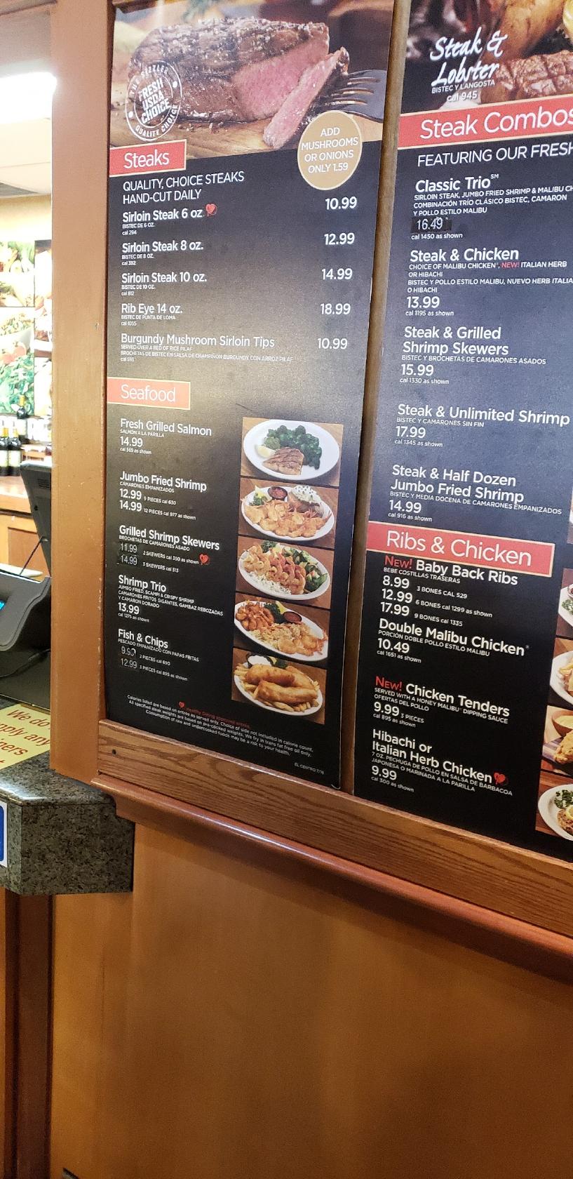 Menu at Sizzler steakhouse, El Centro