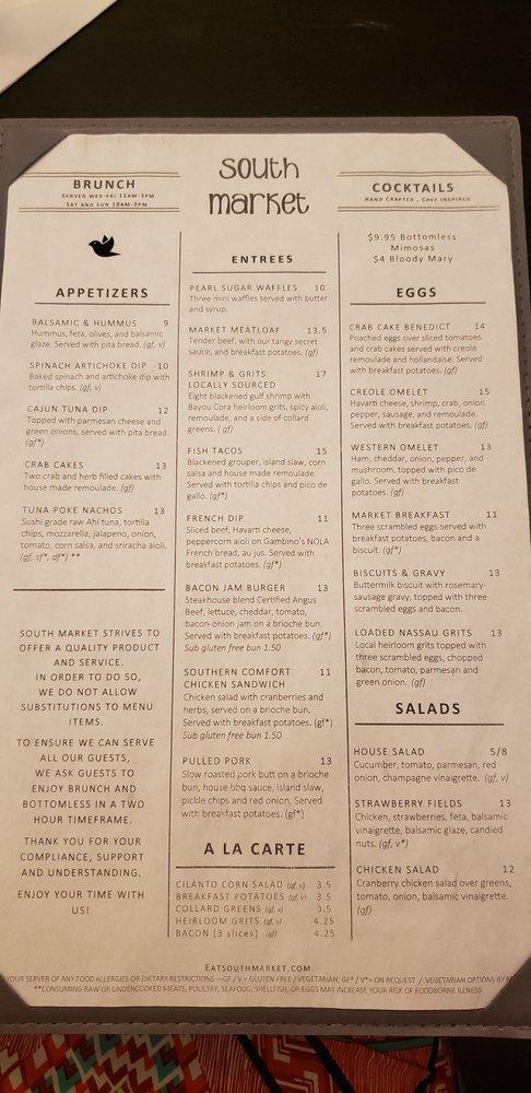 Menu at South Market restaurant, Pensacola