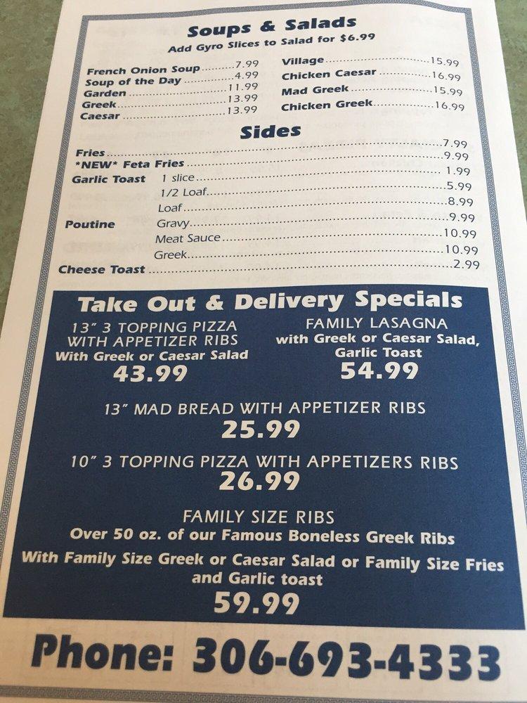 Menu at The Mad Greek pizzeria, Moose Jaw