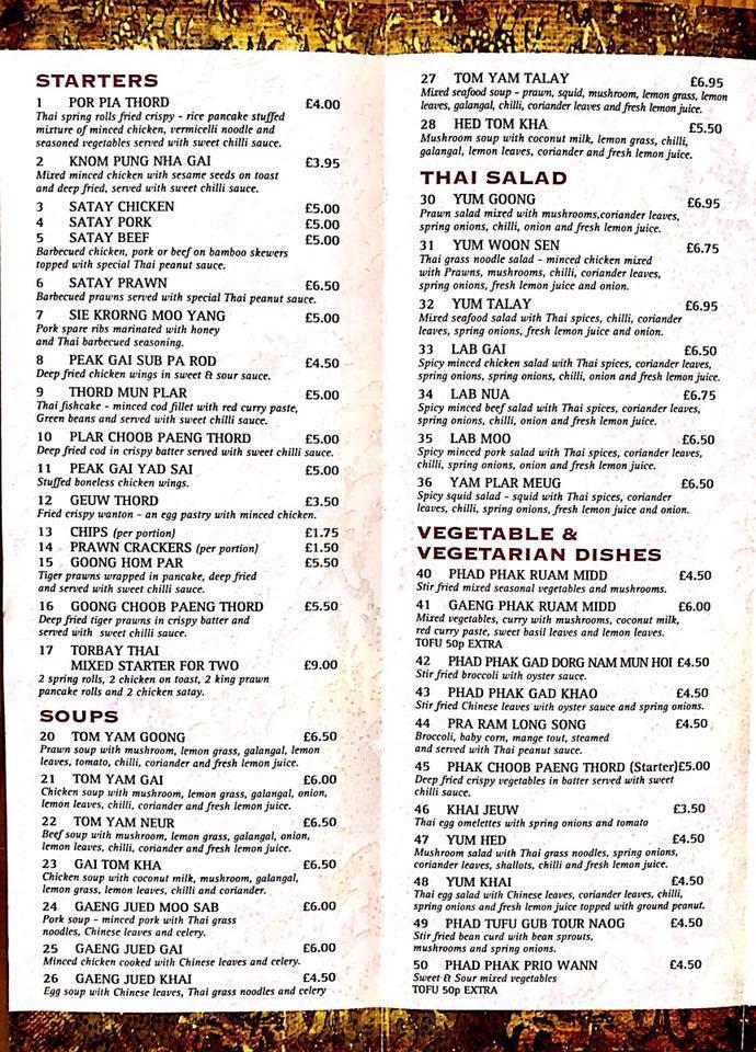 Menu at Torbay Thai Takeaway restaurant, Paignton