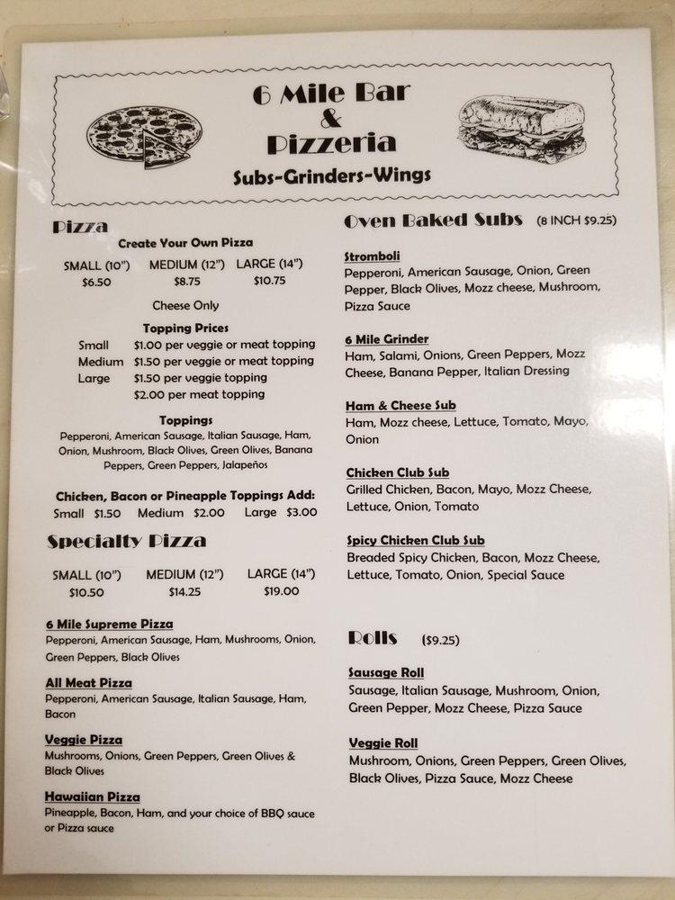 Menu at 6 Mile Bar & Pizzeria, Fort Wayne