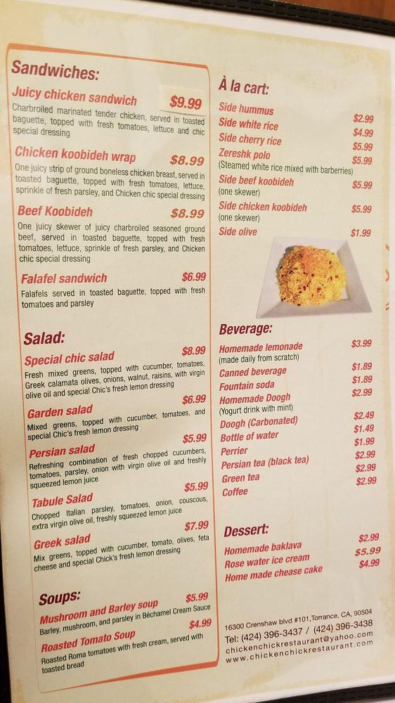 Menu at Chicken Chick restaurant, Torrance