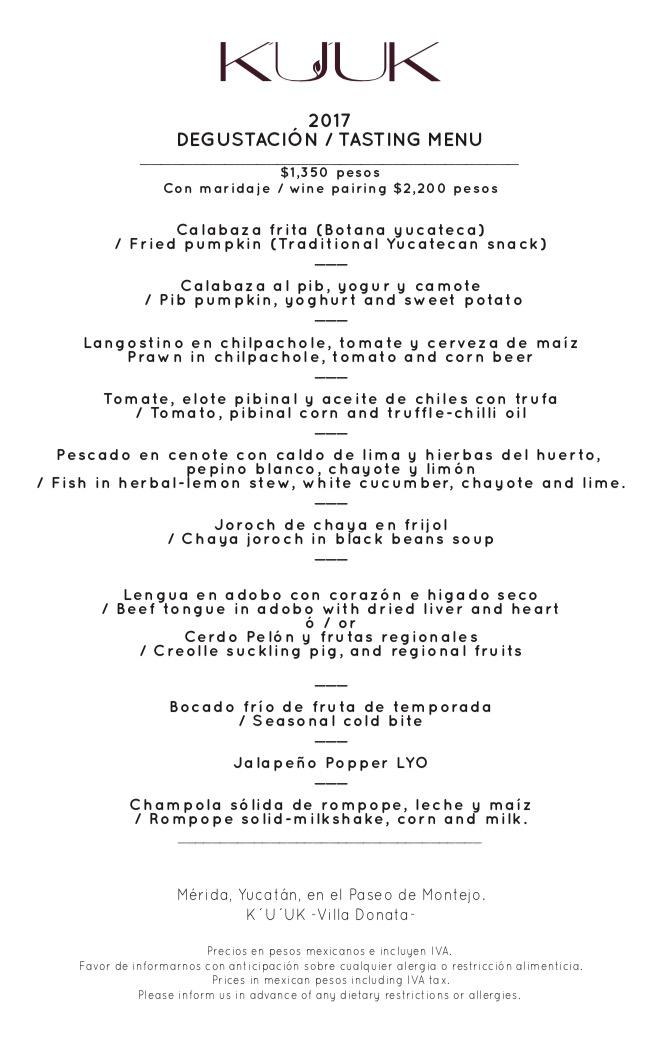 Menu at Kuuk restaurant, Merida, Av Rómulo Rozo 488