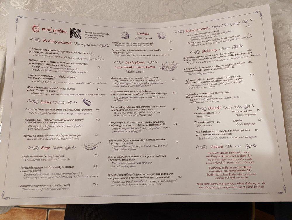 Menu at Miód Malina restaurant, Kraków