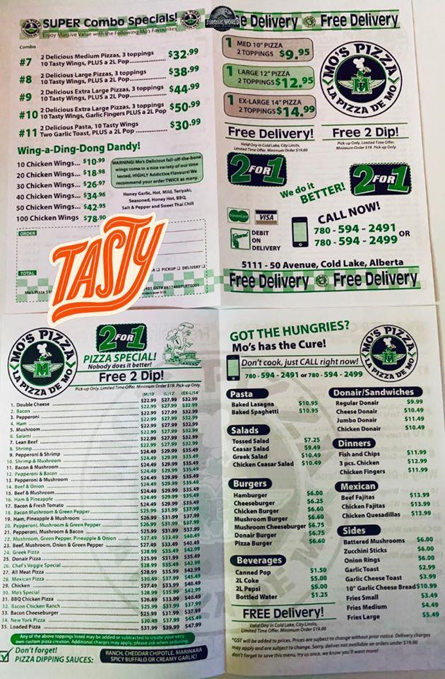 Menu at Mo's Pizza pizzeria, Cold Lake