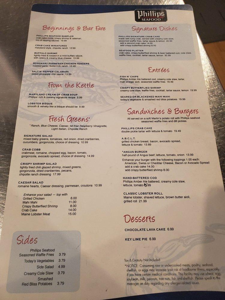 Carta del restaurante Phillips Seafood, Charlotte