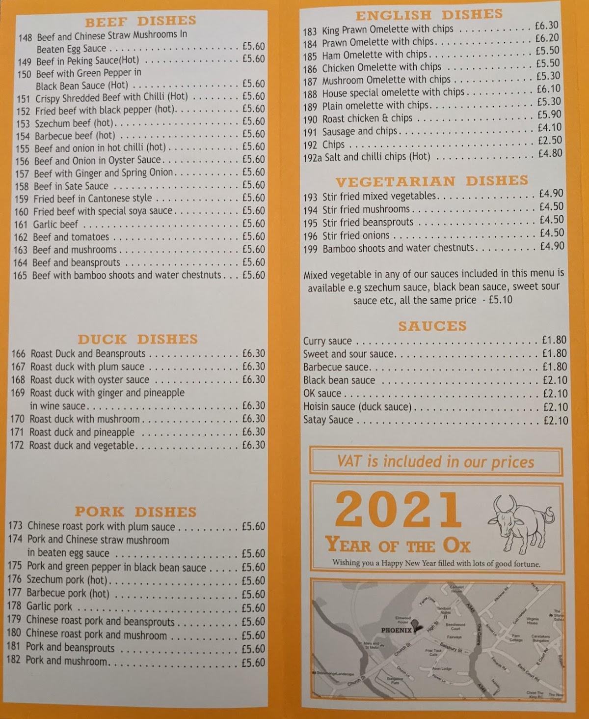 Menu at Phoenix fast food, Amesbury