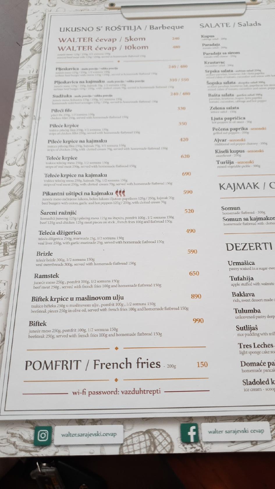 Speisekarte von Walter cevapi restaurant, Pantschowa