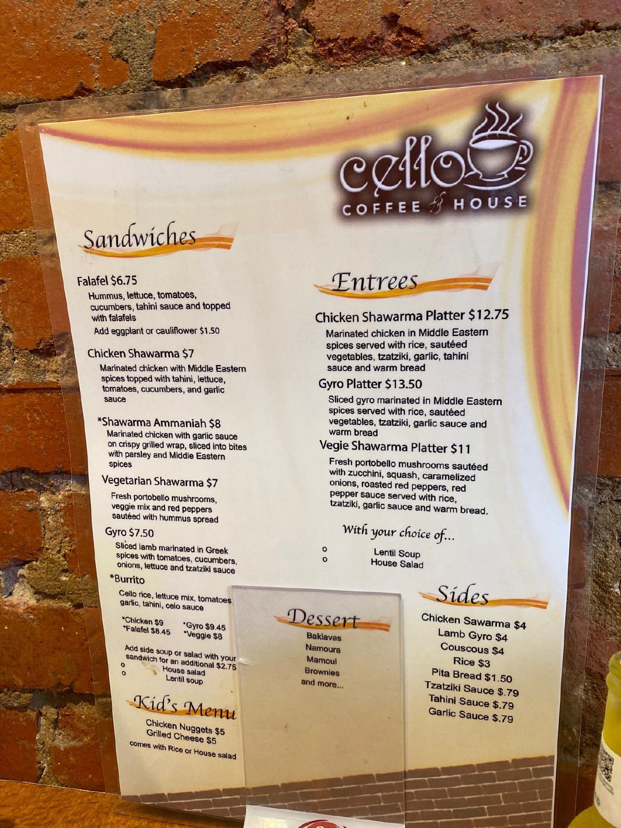Menu at Cellō coffee house & cafe, Roanoke