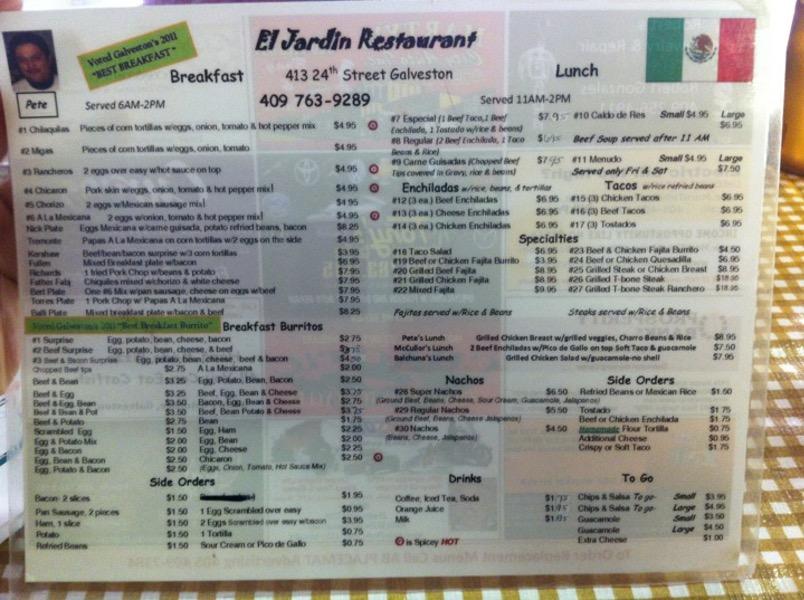 Menu at El Jardin Mexican Cafe, Galveston