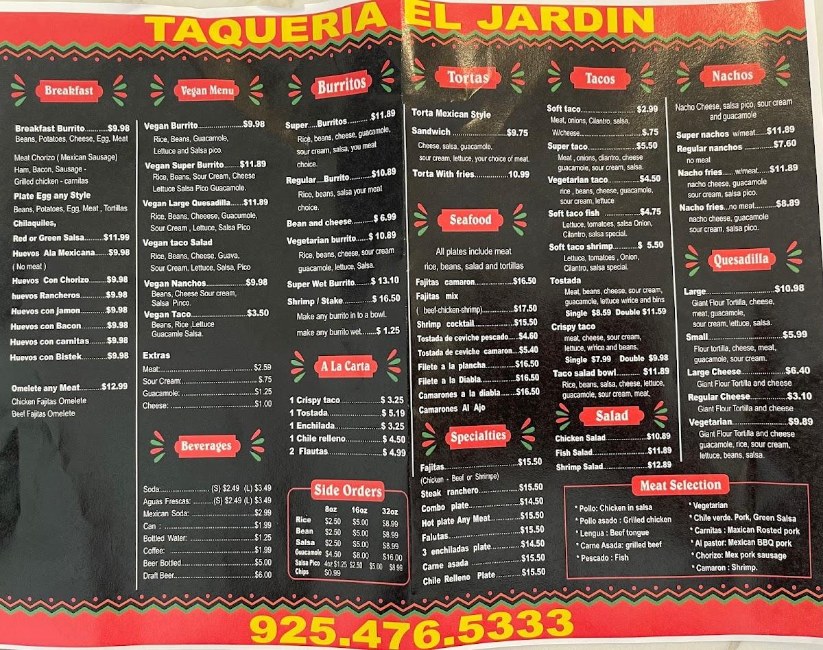 Menu at El Jardin Taqueria restaurant, Walnut Creek