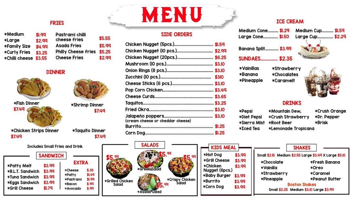 Menu at Family Burger fast food, Hanford