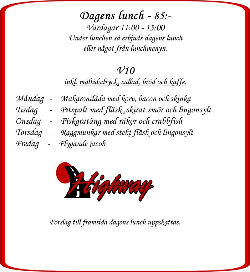 Menu at Highway Hotel restaurant, Härnösand