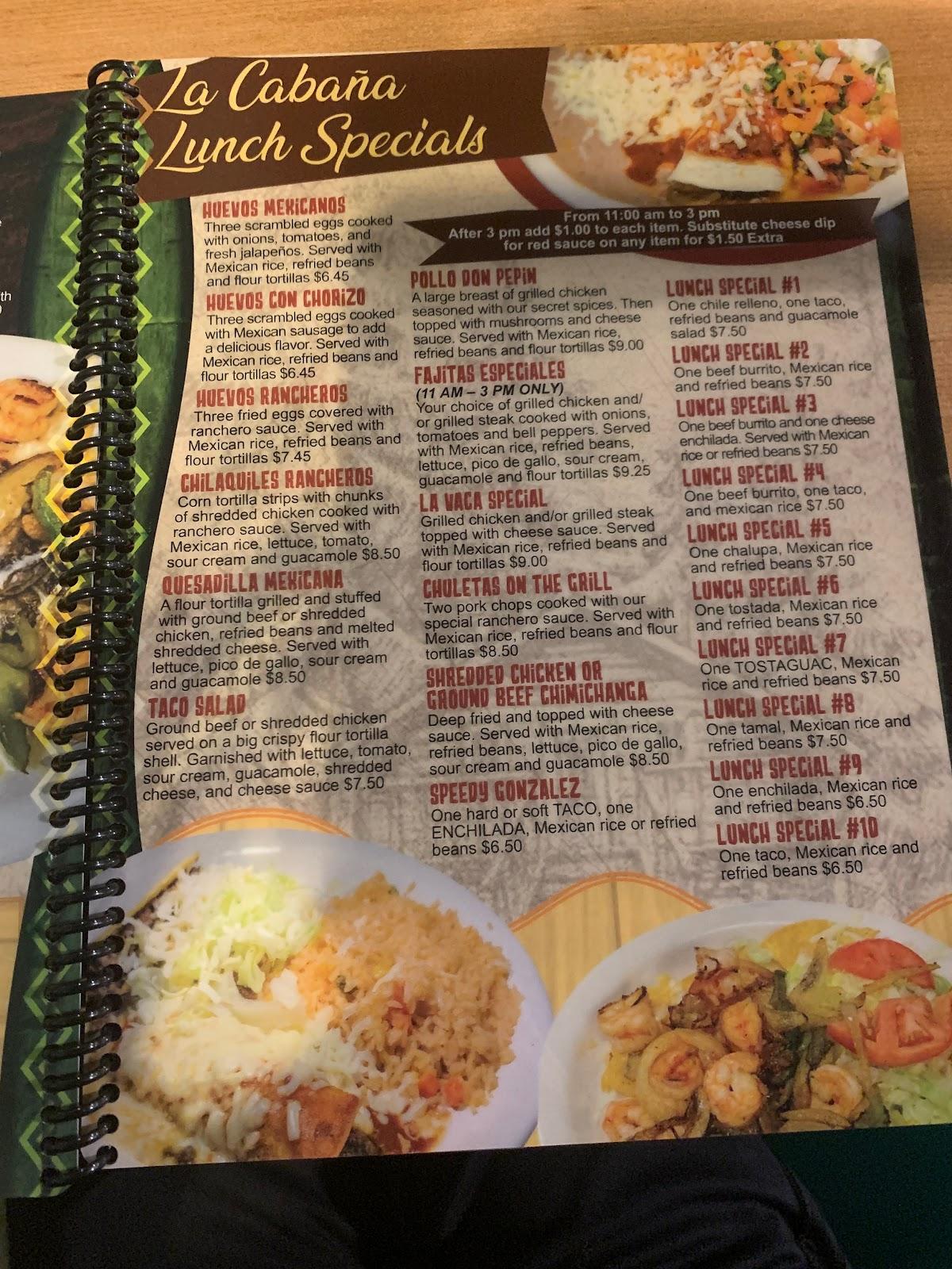 Menu at La Cabaña restaurant, Cedar Bluff, AL-9 N
