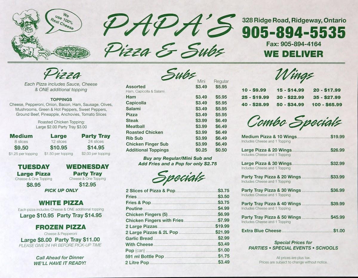 Menu at Papa's Pizza and subs pizzeria, Fort Erie, 328 Ridge Rd N