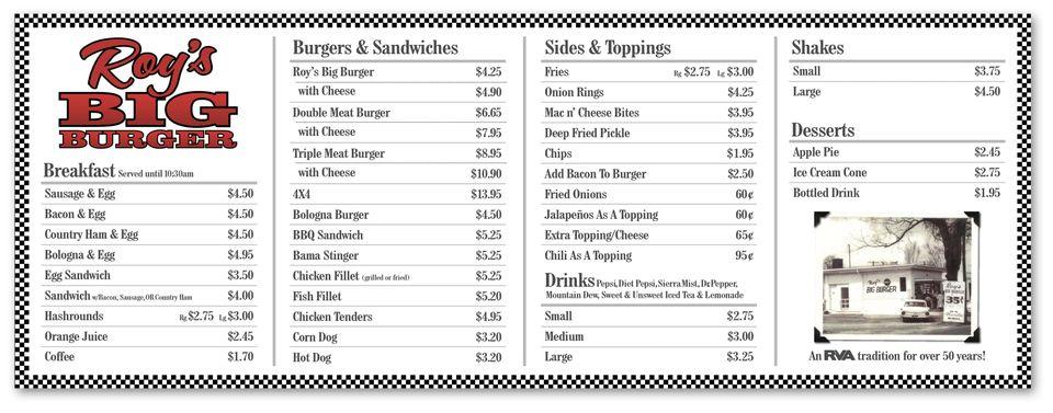 Menu at Roy's Big Burger restaurant, Richmond, Lakeside Ave