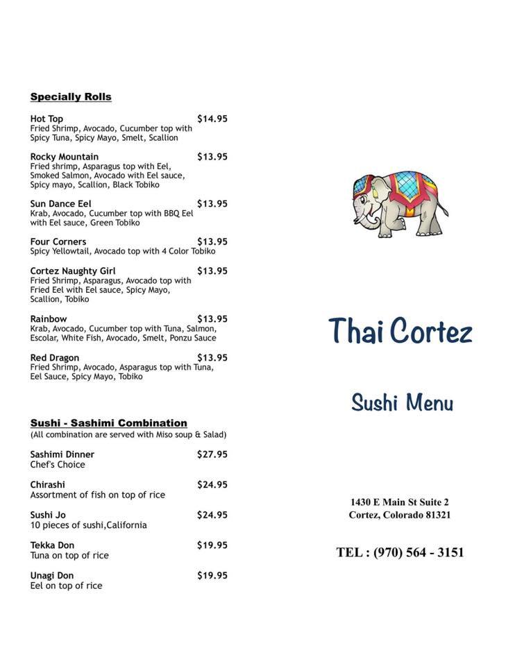 Menu at Thai Cortez restaurant, Cortez