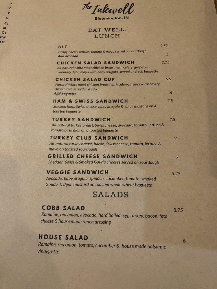 Menu at The Inkwell Bakery & Cafe, Bloomington, 105 N College Ave