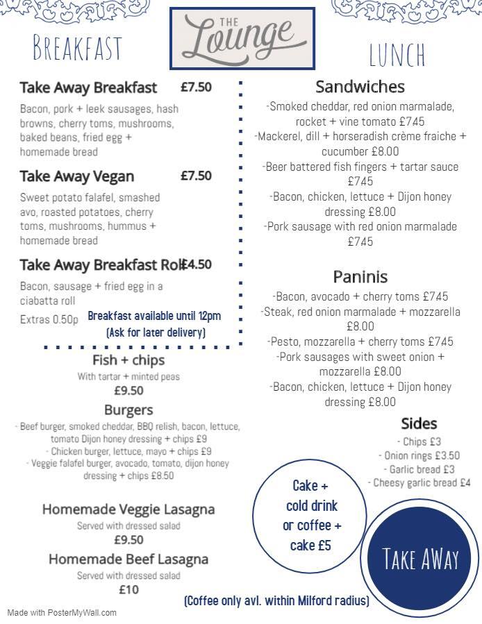 Menu at The Lounge restaurant, Milford Haven