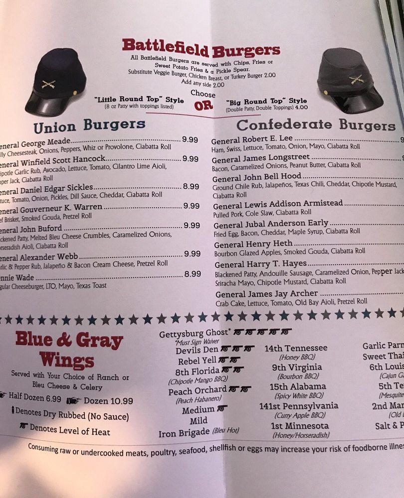 Menu at Blue & Gray Bar & Grill, Gettysburg